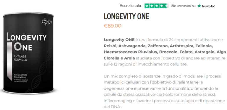 Prodotti longevità Longy: Age101, Mindful coffee, Longevity one, Balanced 0